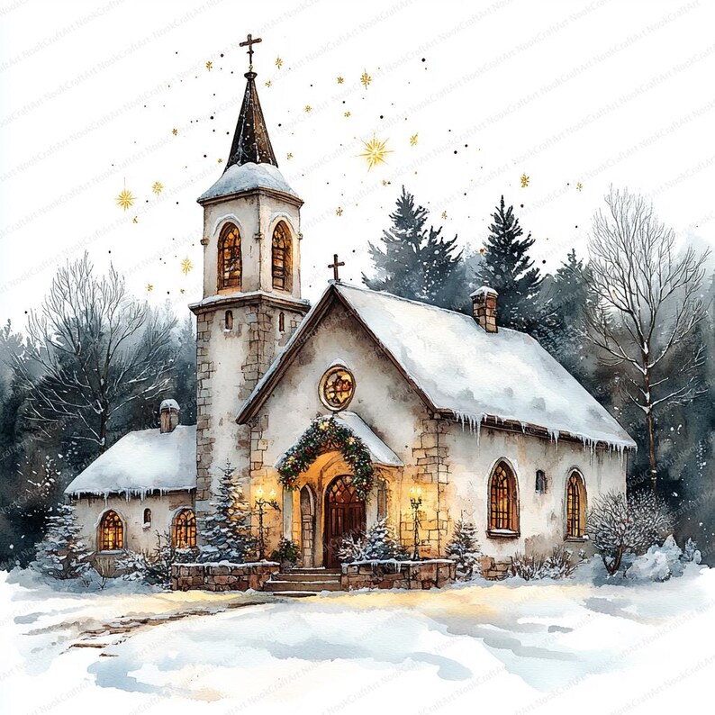 24 Snowy Church Clipart | Winter Night Scene Illustration | Printable ...