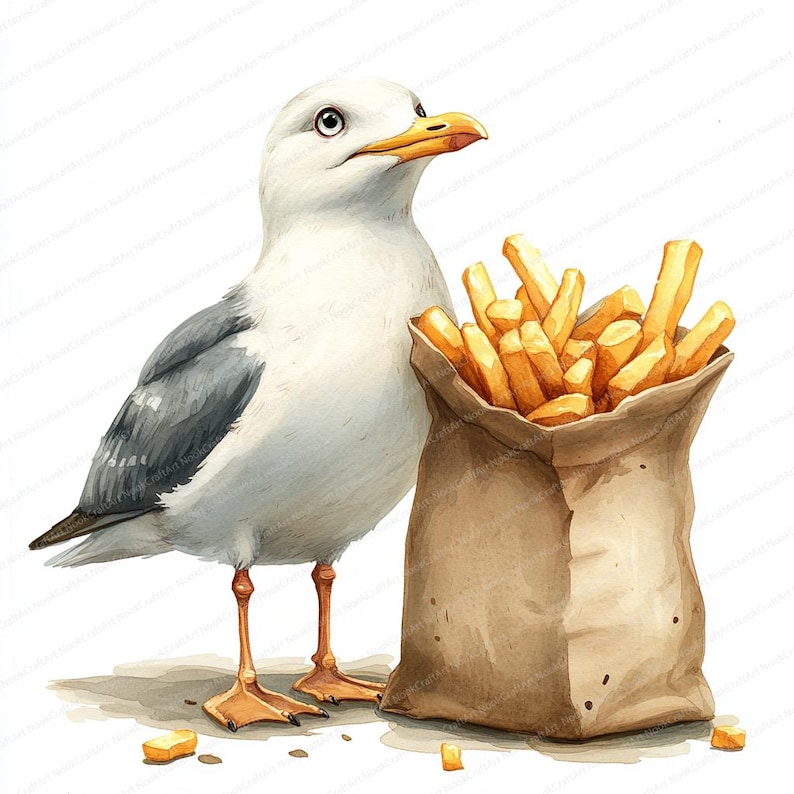 20 Seagull Stealing Fries Clipart | Fun Quirky Seaside Illustration ...
