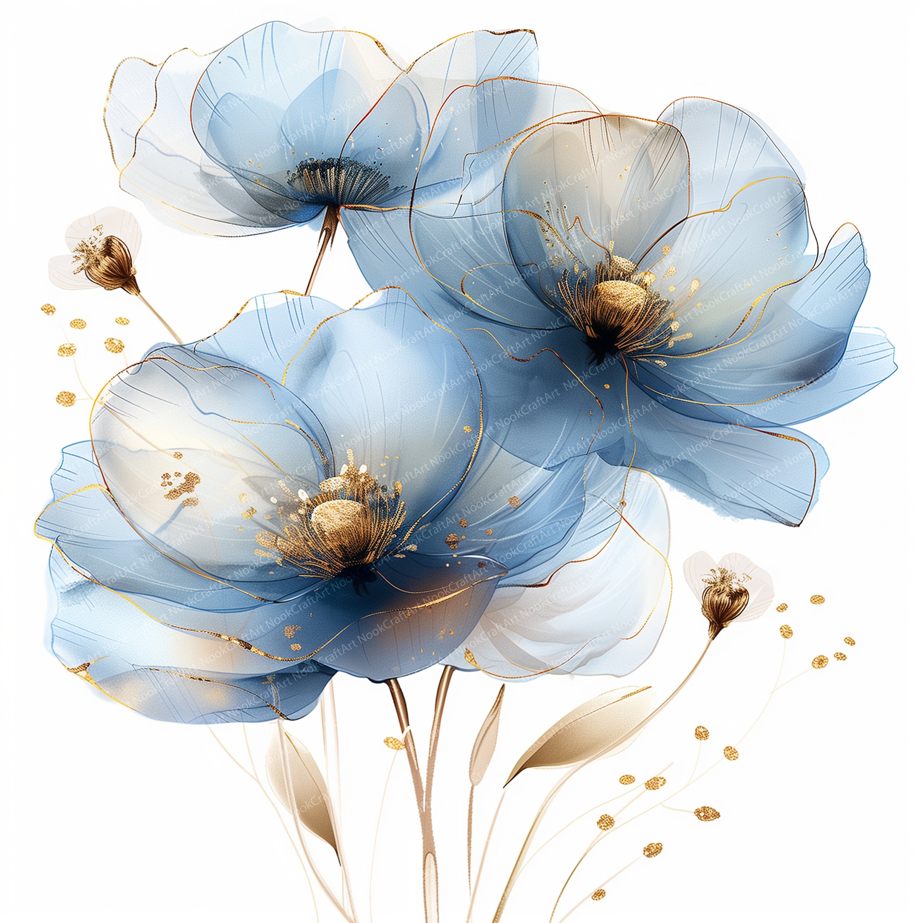 12 Abstract Flowers Clipart | Blue Gold Flower | Printable Watercolor ...