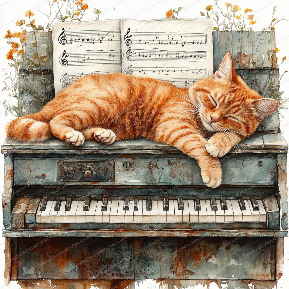 21 Sleeping Cat on Piano Clipart | Cozy Musical Feline Illustration ...