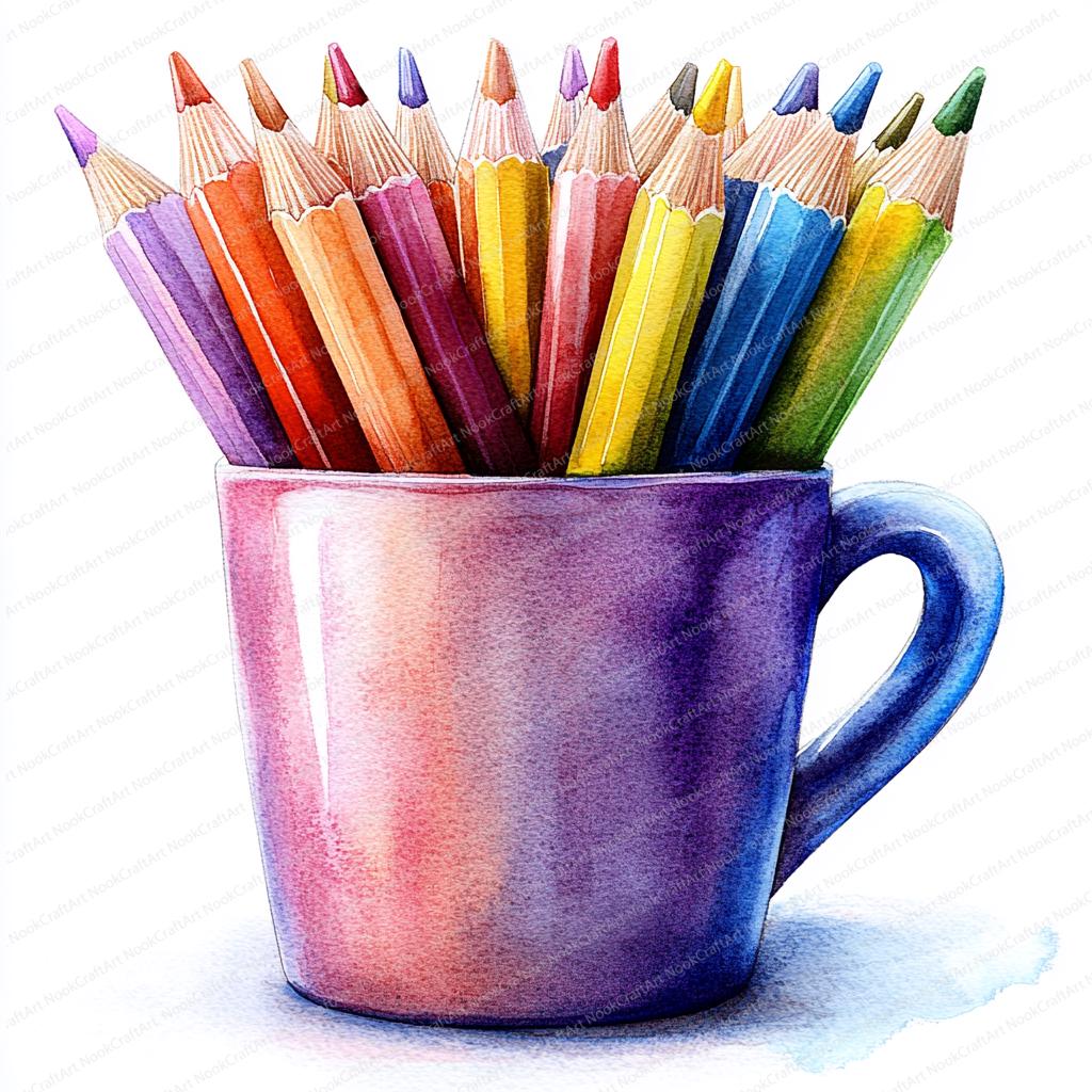 21 Colored Pencils in a Cup Clipart | Vibrant Art Supplies Illustration ...