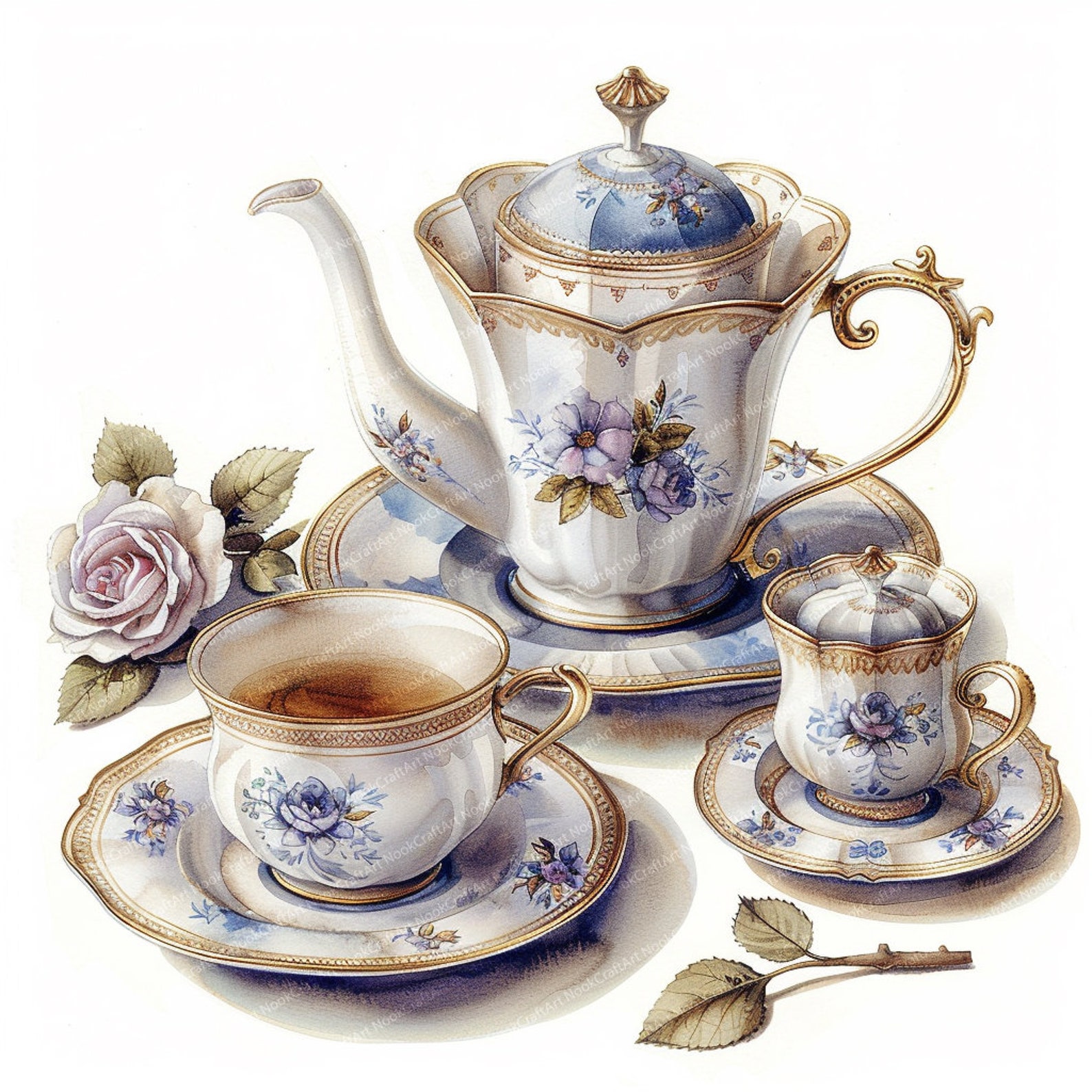 12 Tea Set Clipart Floral Tea Set Printable Watercolor Clipart High ...