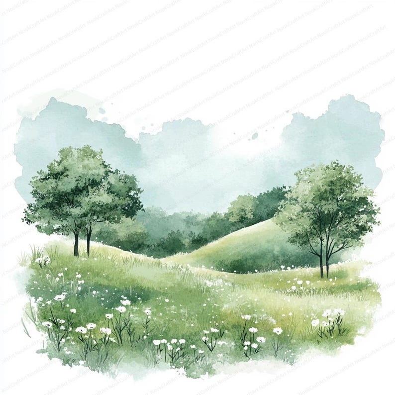 14 Watercolor Meadow Clipart | Summer Landscape Illustration ...