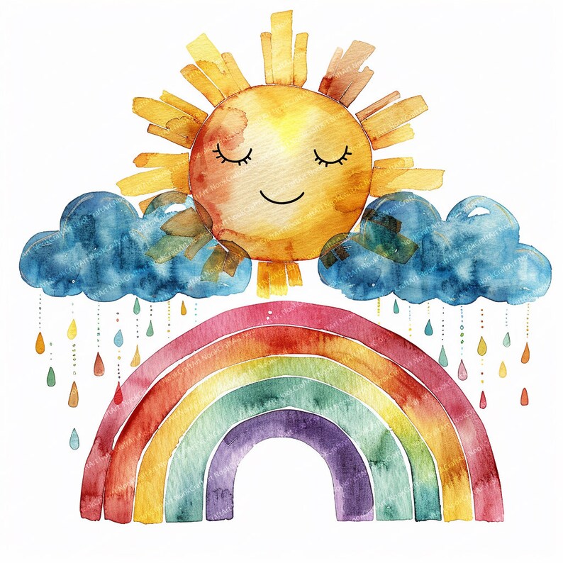 12 Sun and Rainbow Clipart Nursery Rainbow Printable Watercolor Clipart ...