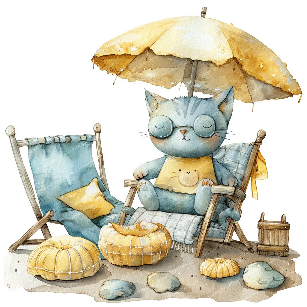 Kitten on Summer Vacation Clipart, Cute Kitten, Printable Watercolor ...