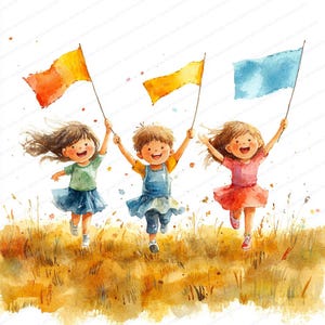 14 Children Running With Flags Clipart | Colorful Kids Illustrations ...