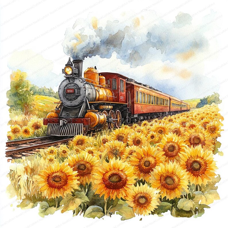 20 Sunflower Field Train Clipart | Whimsical Miniature Journey ...