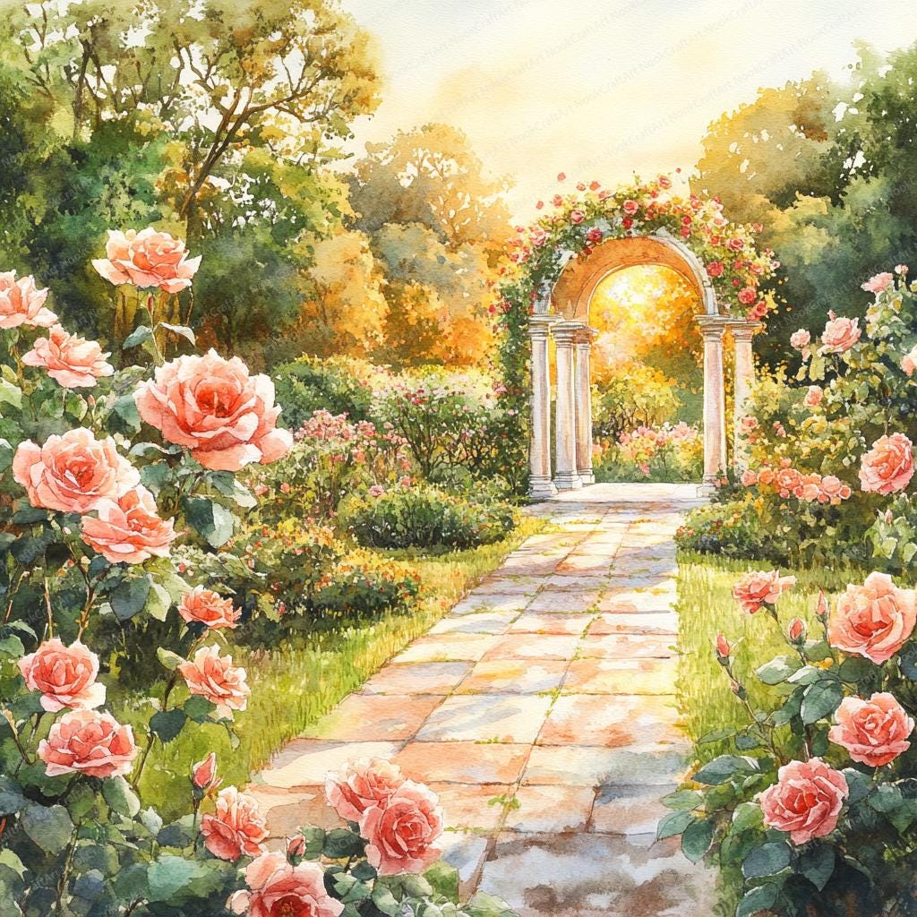 12 Rose Garden Clipart Garden at Sunset Printable Watercolor Clipart ...