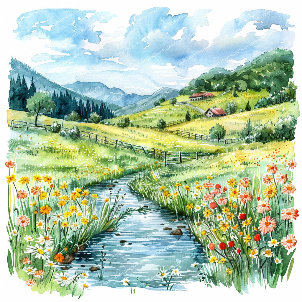 Summer Landscape Clipart, Spring Clipart, Printable Watercolor Clipart ...