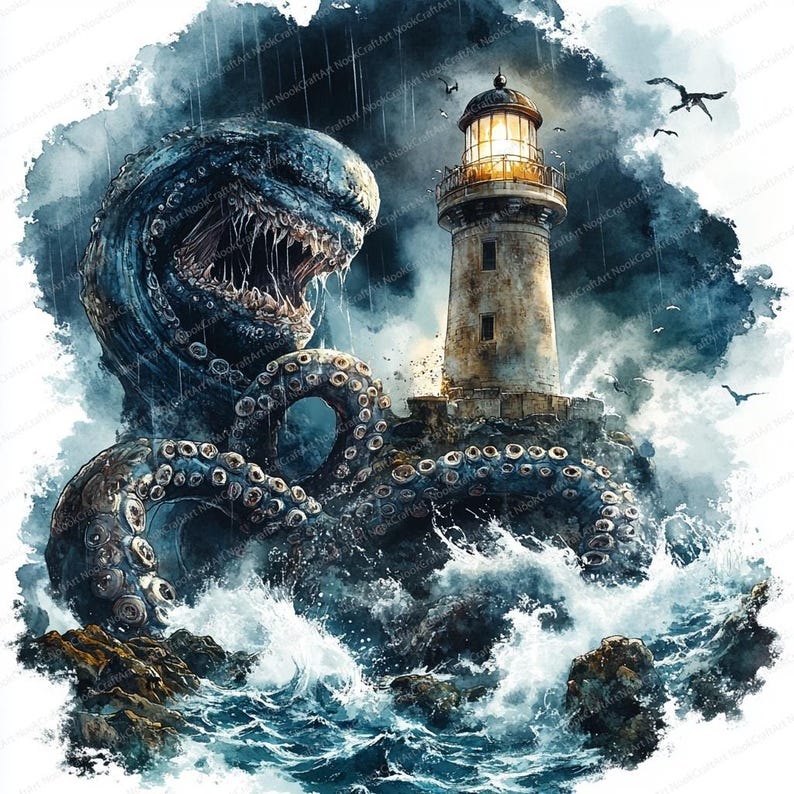 Kraken Lighthouse Watercolor Clipart: Nautical Fantasy Art (JPG) - Etsy