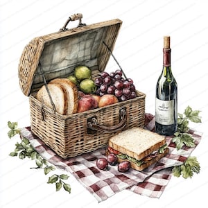 20 Picnic Basket Clipart With Food and Wine | Outdoor Summer Picnic ...