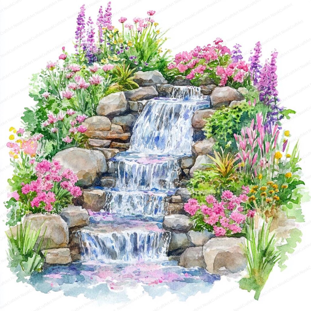 18 Floral Waterfall Garden Clipart | Watercolor Garden Art | Printable ...