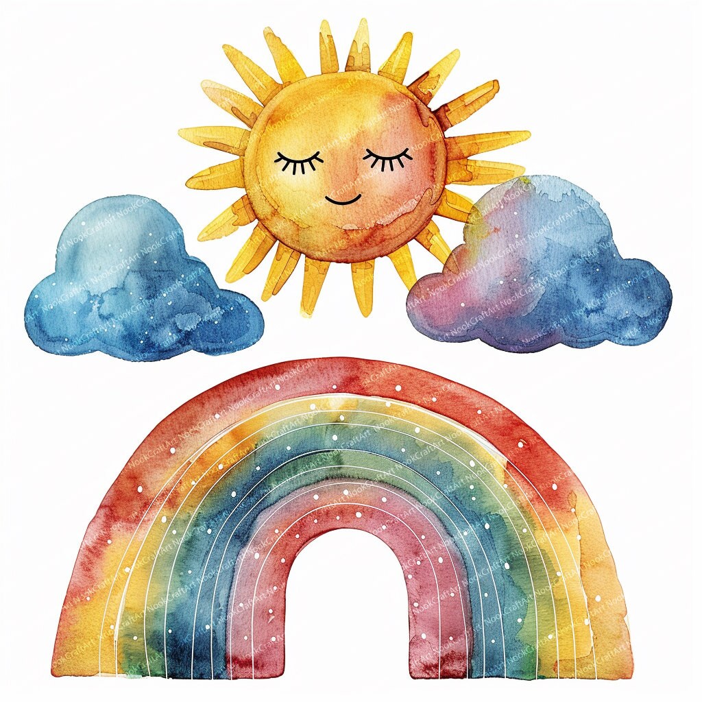 12 Sun and Rainbow Clipart Nursery Rainbow Printable Watercolor Clipart ...