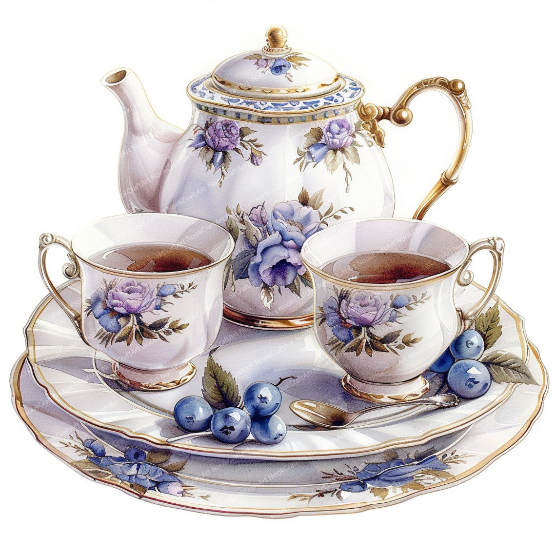 12 Tea Set Clipart Floral Tea Set Printable Watercolor Clipart High ...