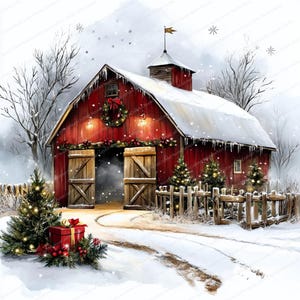 14 Christmas Farm Barn Clipart | Watercolor Christmas Farmhouse ...