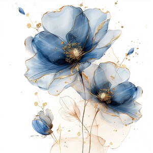 12 Abstract Flowers Clipart | Blue Gold Flower | Printable Watercolor ...