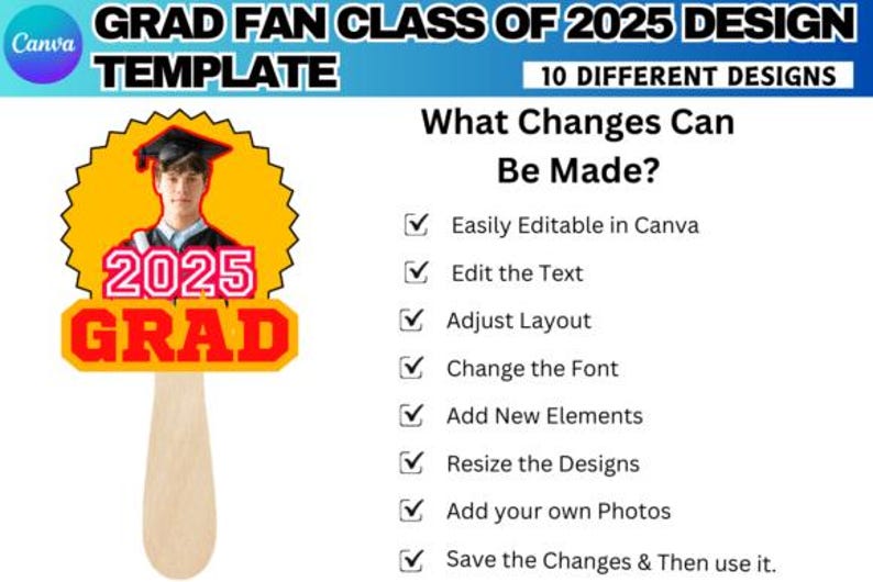 Grad Fan Canva Editable Template, Class of 2025 Graduation Paddle ...
