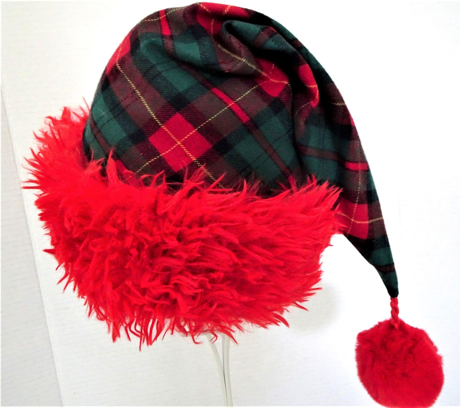 Red and Green Plaid Flannel Santa Hat: Adult Christmas Costume - Etsy