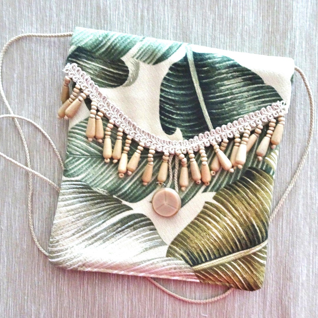 Bark Cloth Handbag, Shoulder Bag, Cross Body Bag, Tropical, Wood Bead ...