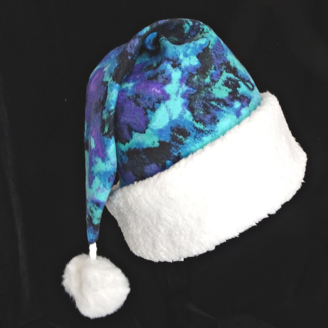 Turquoise Blue Tie Dye Flannel Santa Hat, Adult Size Christmas Party ...