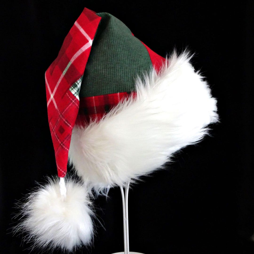 Patchwork Flannel Santa Hat: Red & Green Plaid, Faux Fur Brim - Etsy