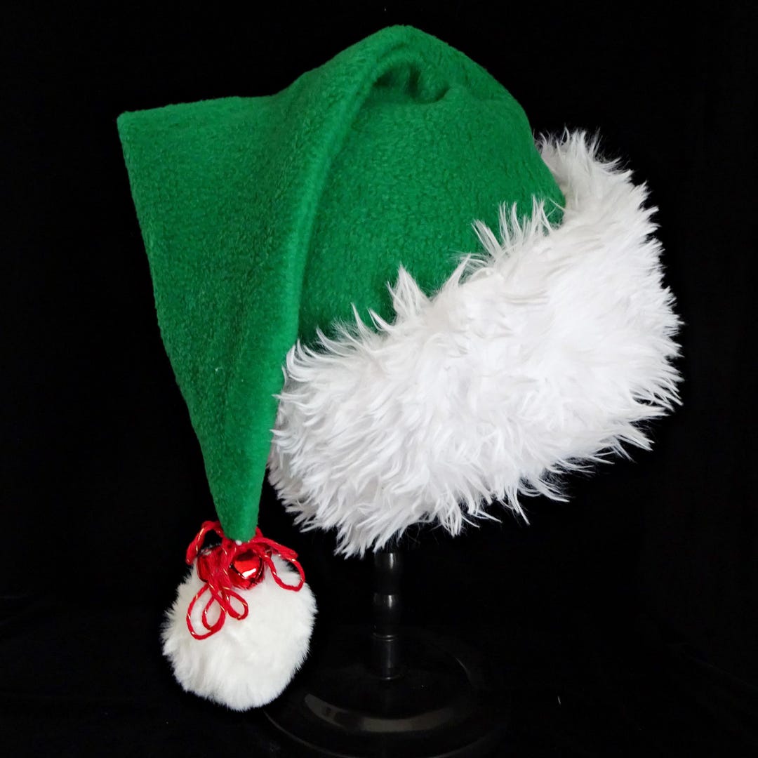 Green Fleece Santa Hat: Jingle Bells, Faux Fur Trim - Adult Size - Etsy