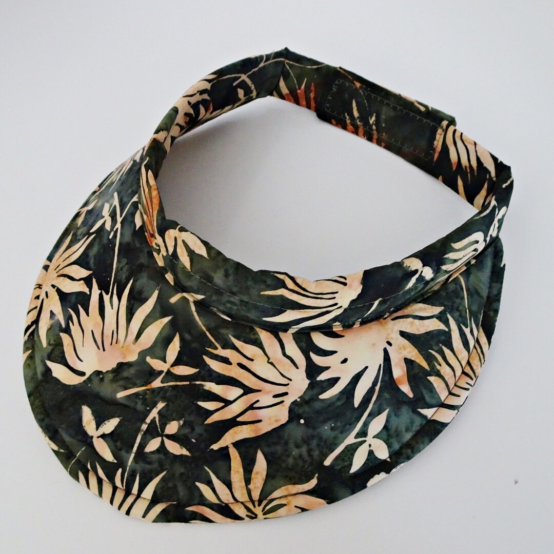Batik Olive Green and Tan Fabric Sun Visor Hat, Adjustable Size Fabric ...