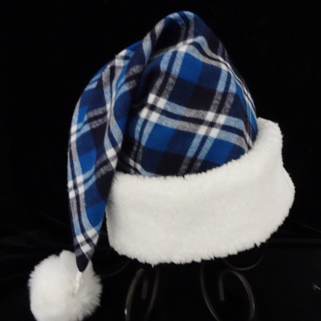 Blue Plaid Flannel Santa Hat, Faux Sherpa Fur Brim - Etsy