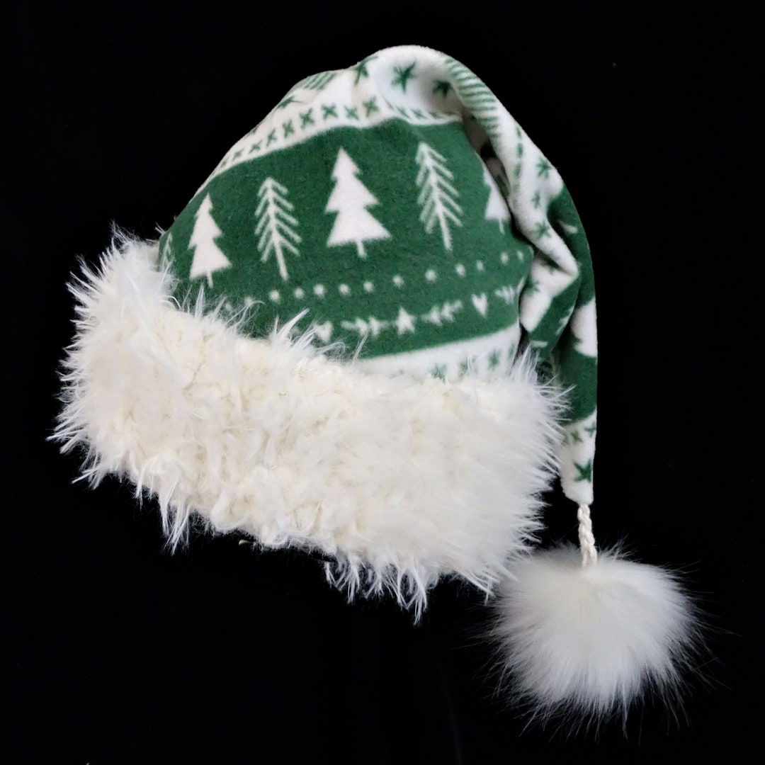 Green Christmas Tree Striped Fleece Santa Hat, Holiday Adult Size Santa ...