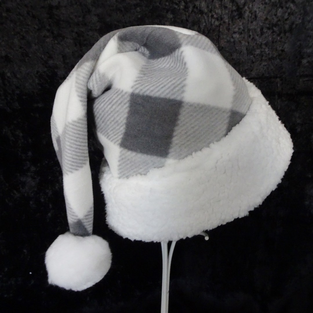 Gray White Buffalo Check Fleece Santa Hat, Adult Santa Hat, Rustic ...