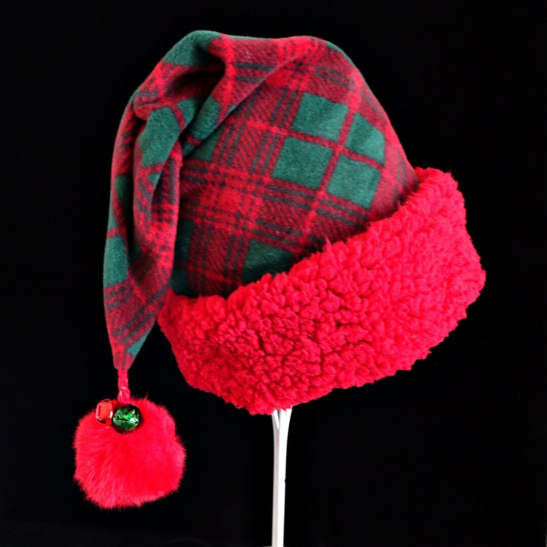 Red Plaid Fleece Santa Hat With Faux Fur Trim, Jingle Bells, Holiday ...