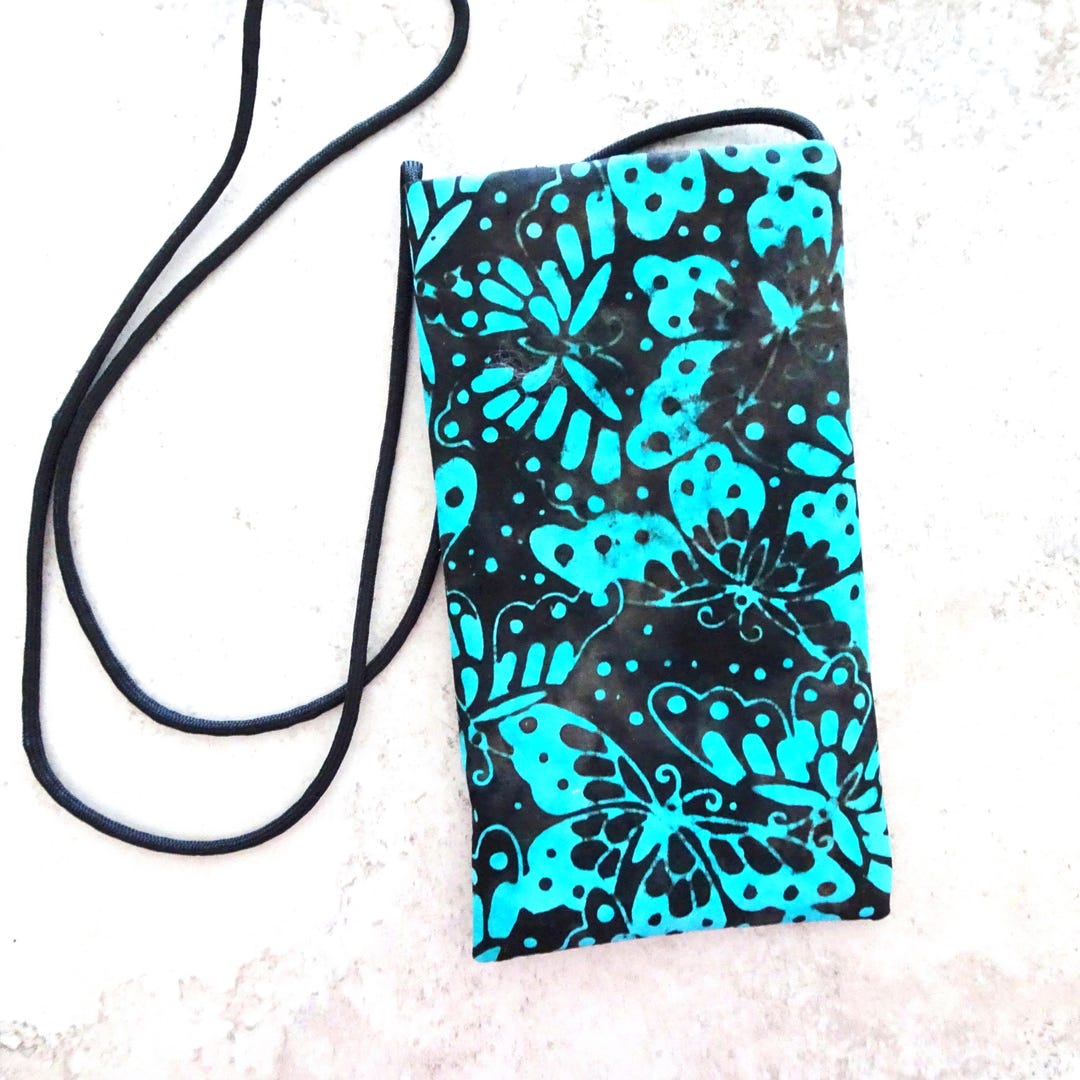 Cell Pouch, Necklace Purse, Cell Phone Purse, Turquoise Butterfly Batik ...