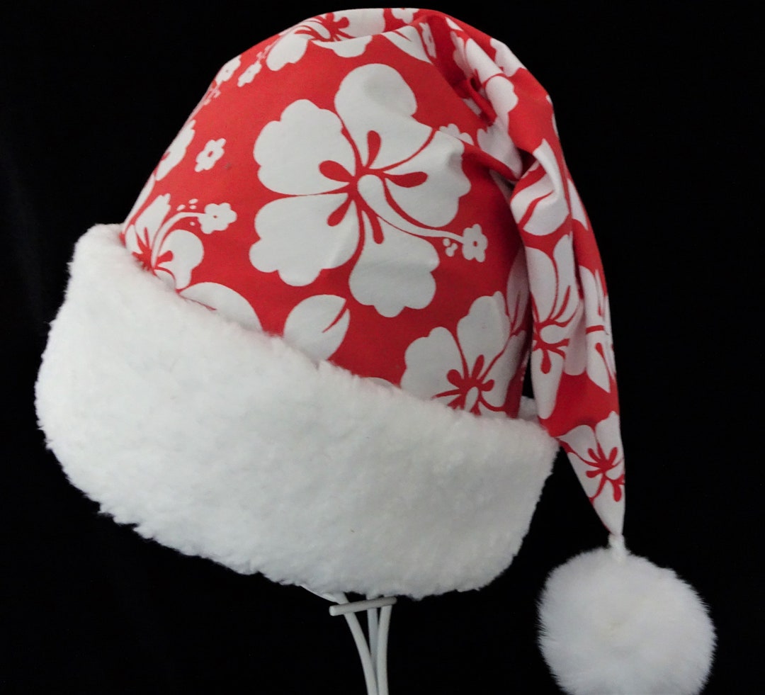 Tropical Santa Hat, Red White Hibiscus Fabric Adult Santa Claus Hat ...