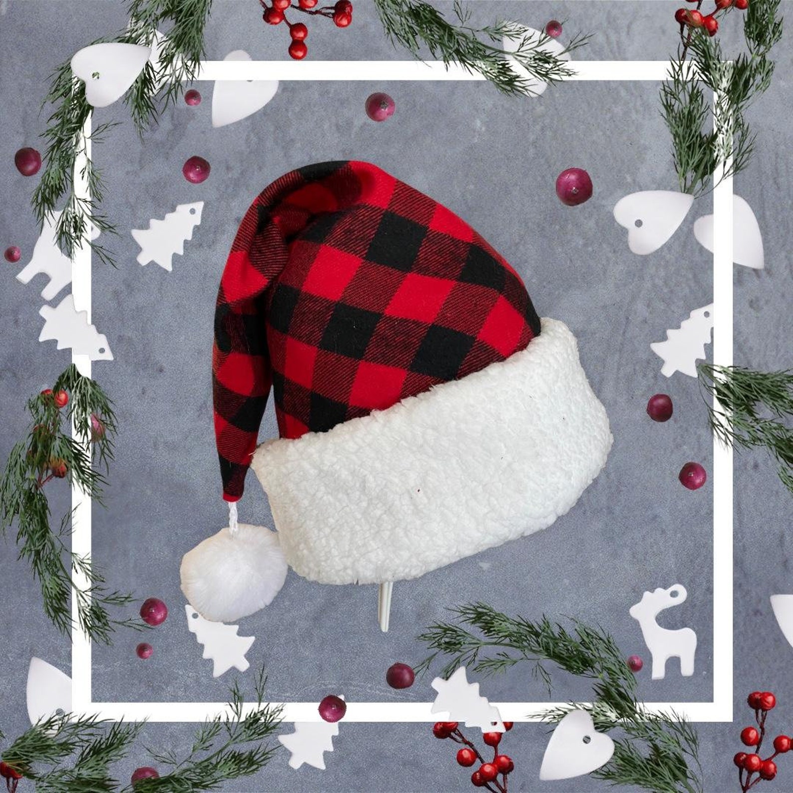 Red Buffalo Check Santa Hat: Farmhouse Christmas Flannel With Faux Fur ...