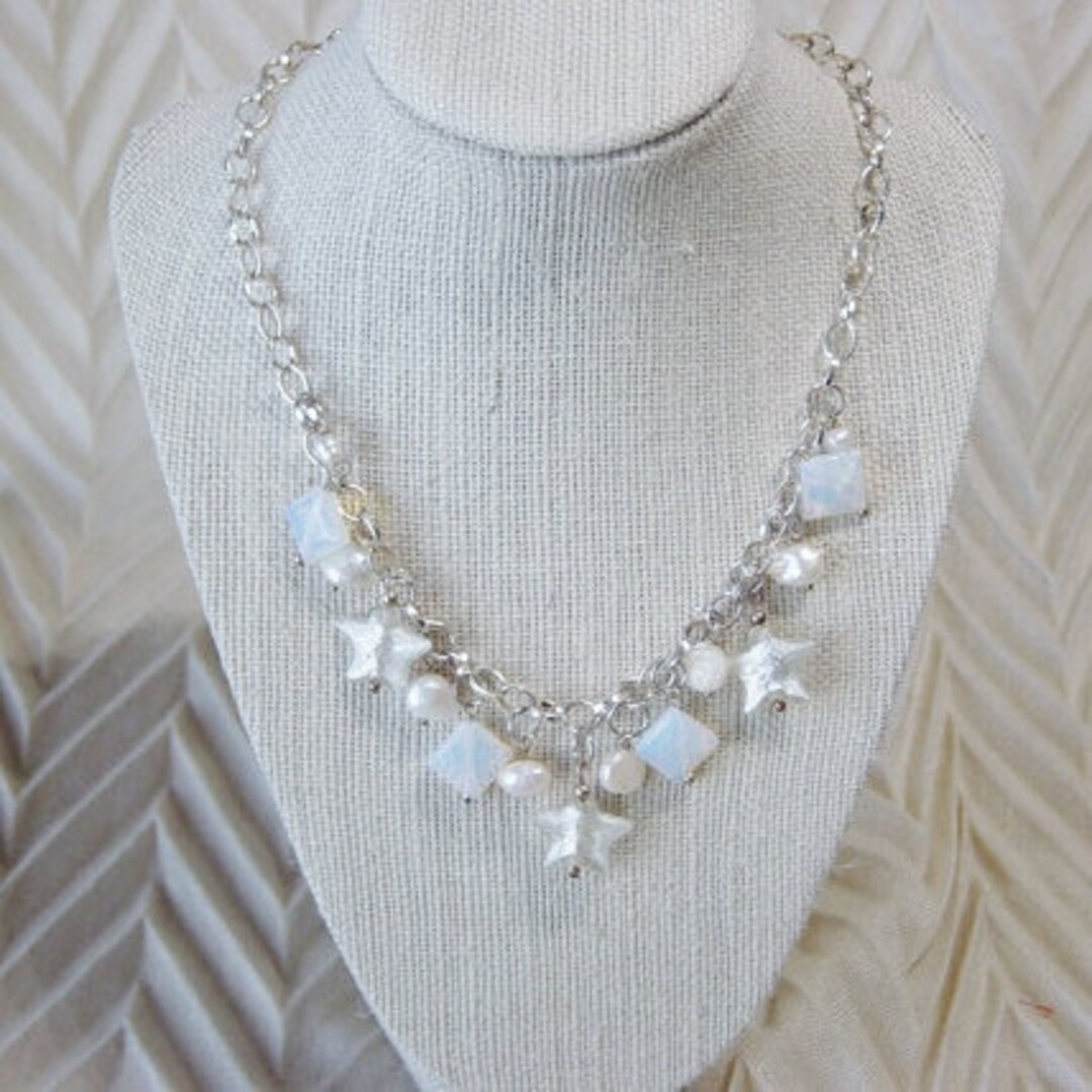 White Bead Silver Chain Necklace Sea Opal Necklace Freshwater Cultured ...