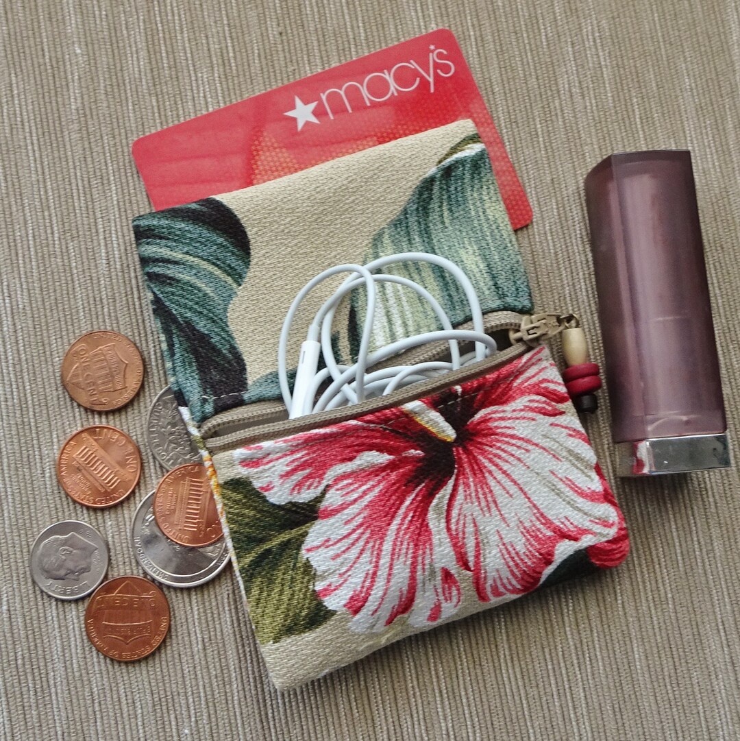 Zippered Coin Purse, Ear Bud Case, Tropical Bark Cloth Floral Fabric ...