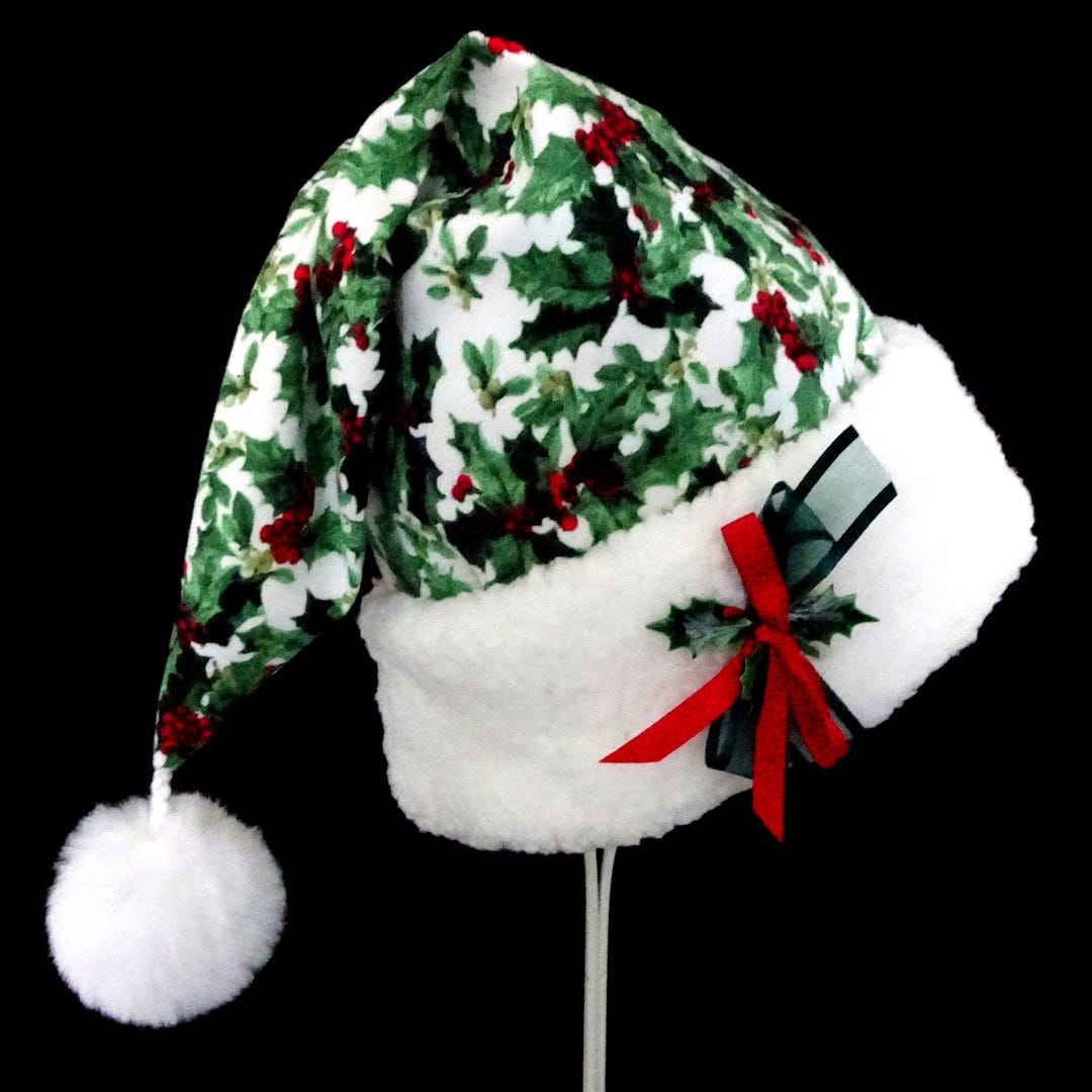 Green Holly Flannel Santa Hat, Faux Fur Brim, Adult Novelty Hat - Etsy