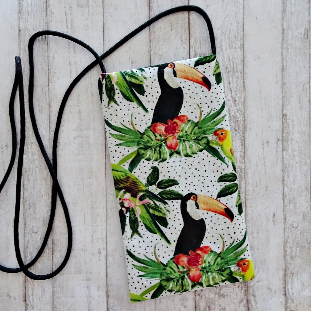 Tropical Toucan & Parrot Fabric Cell Phone Pouch, Minimal Purse ...
