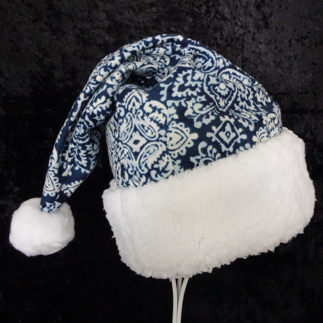 Blue Santa Hat, Block Print Santa Hat, Blue Flannel Adult Santa Hat ...