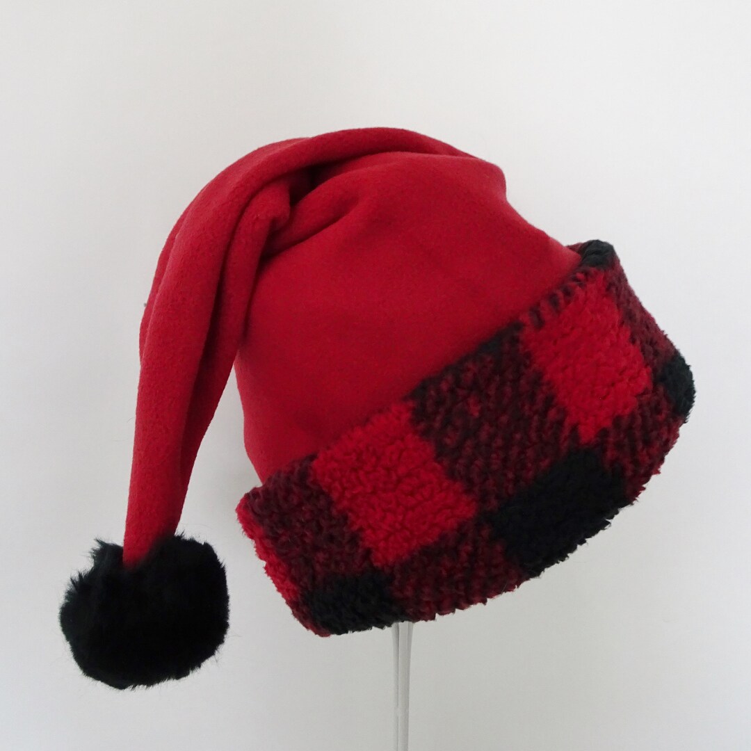 Red Buffalo Check Faux Fur Brim Red Fleece Santa Hat, Christmas Party ...