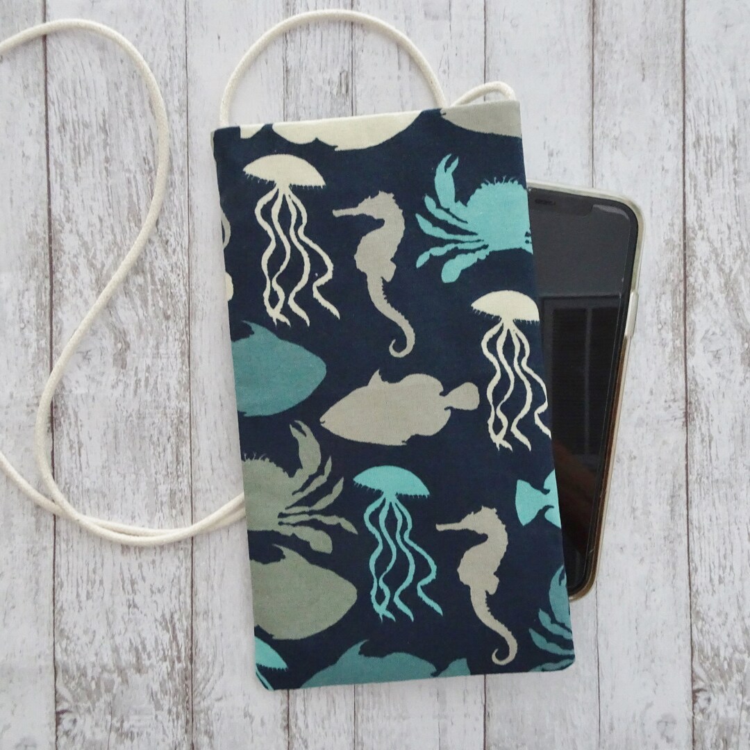 Blue Nautical Fabric Cell Phone Pouch, Strapped Minimal Purse, Eyeglass ...