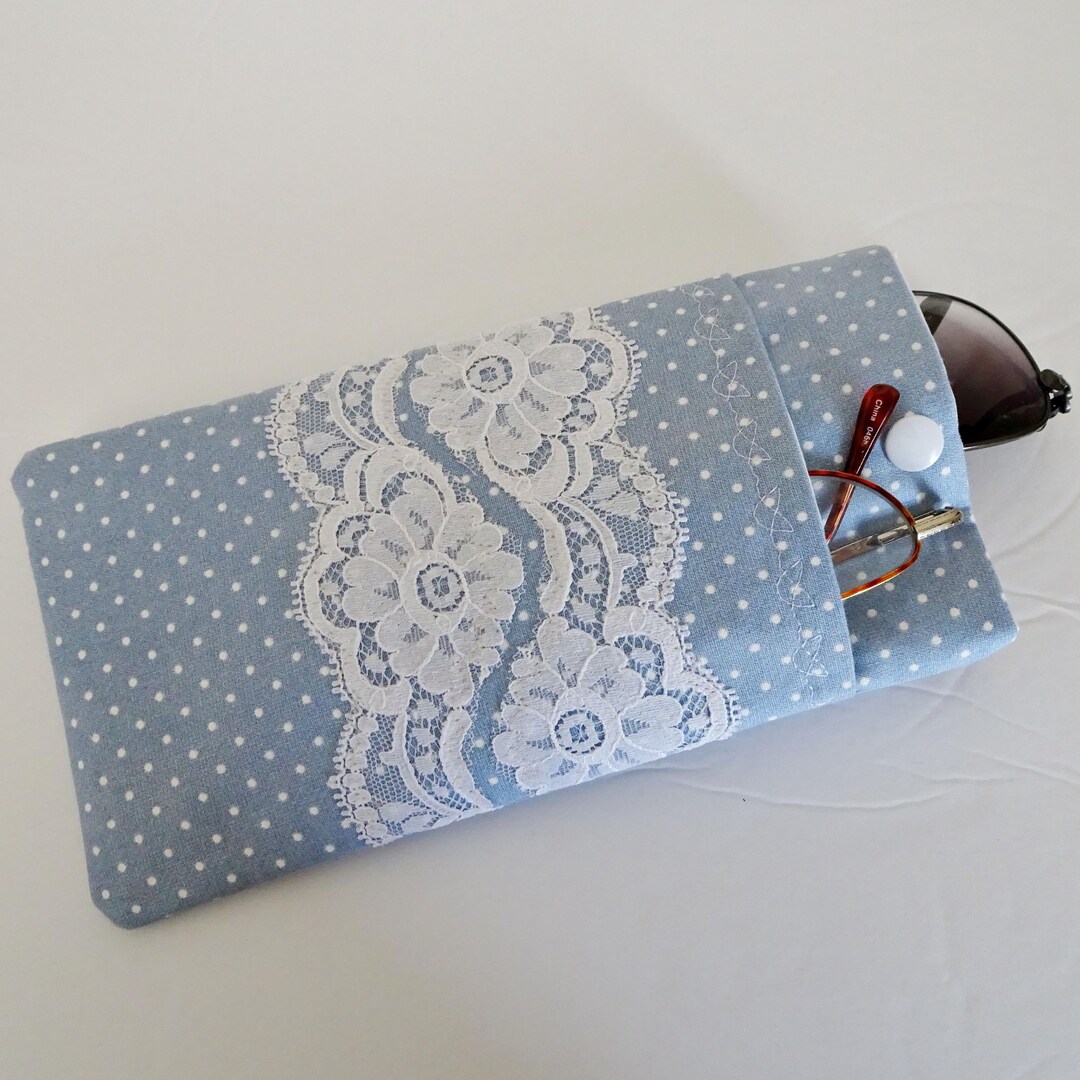 Double Eyeglass Case, 2 Pair Glasses Case, Blue White Polka Dot Fabric ...