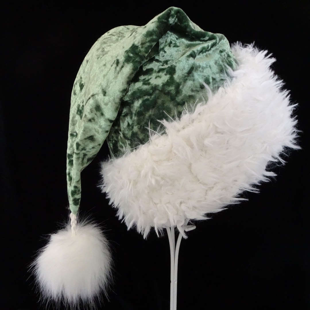 Olive Green Crushed Velvet Santa Hat, Faux Fur Trim, Novelty Christmas ...