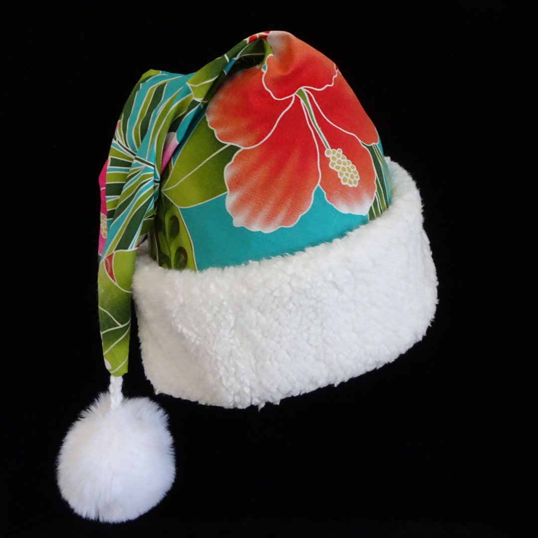Tropical Santa Hat, Hawaiian Island Hibiscus Floral Print Christmas Hat ...