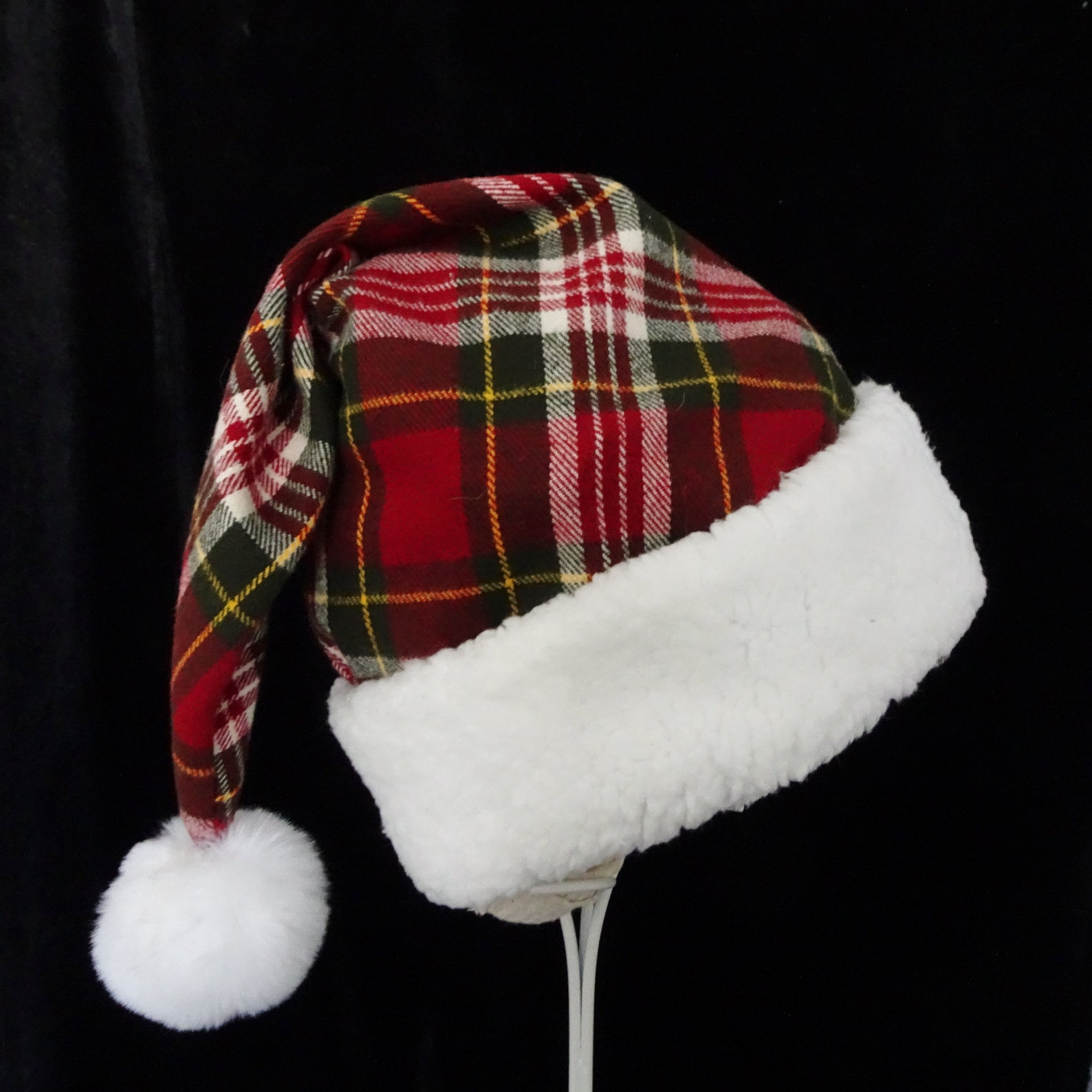 Red Plaid Santa Hat, Flannel, Faux Fur Trim, Adult Costume - Etsy