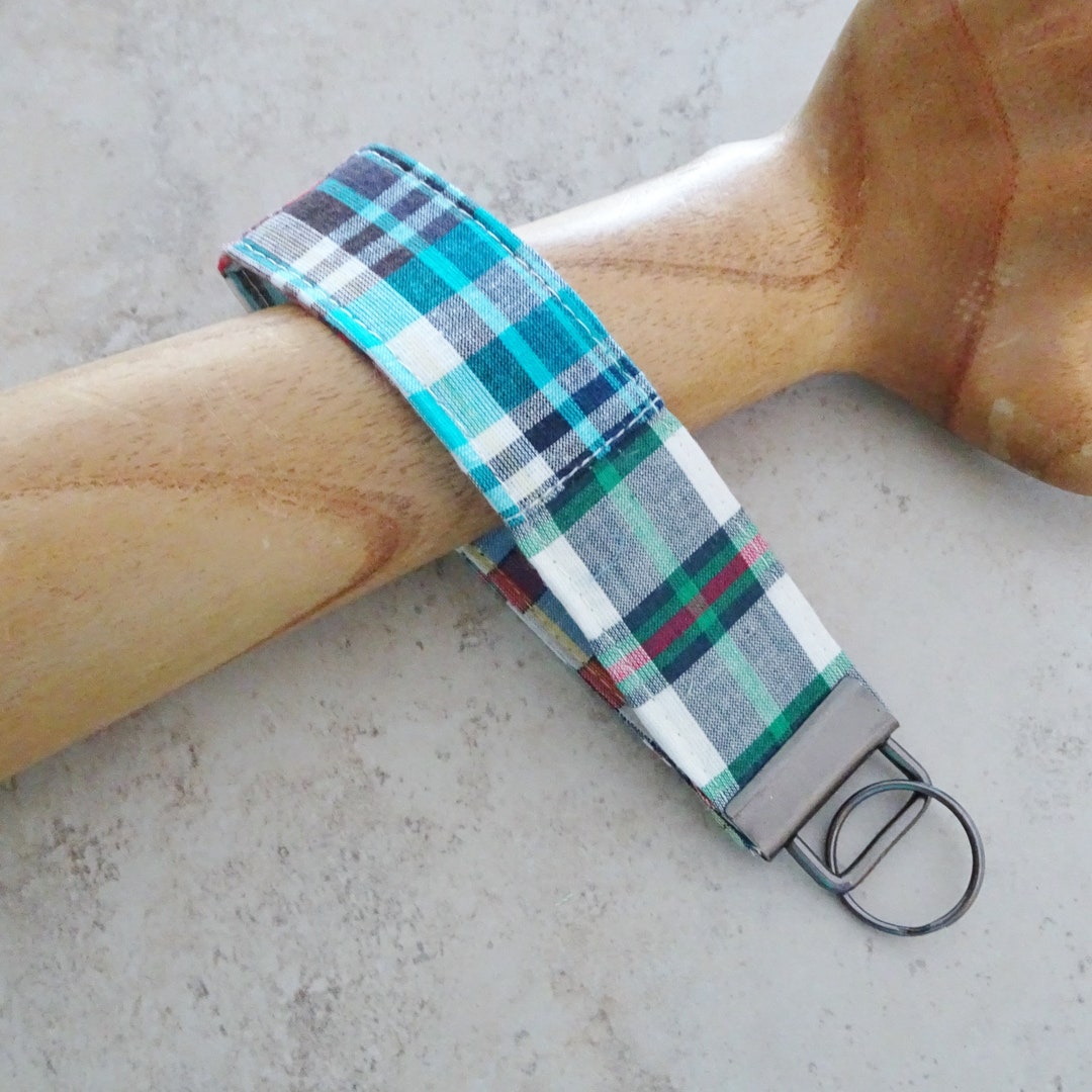 Key Fob, Madras Plaid Patchwork Fabric Key Fob, Wristlet Key Fob, Key ...