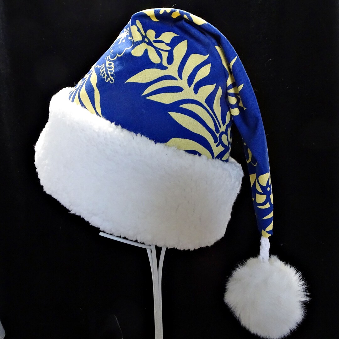Hawaiian Tropical Santa Hat, Blue & Yellow Floral Print Fabric, Island ...