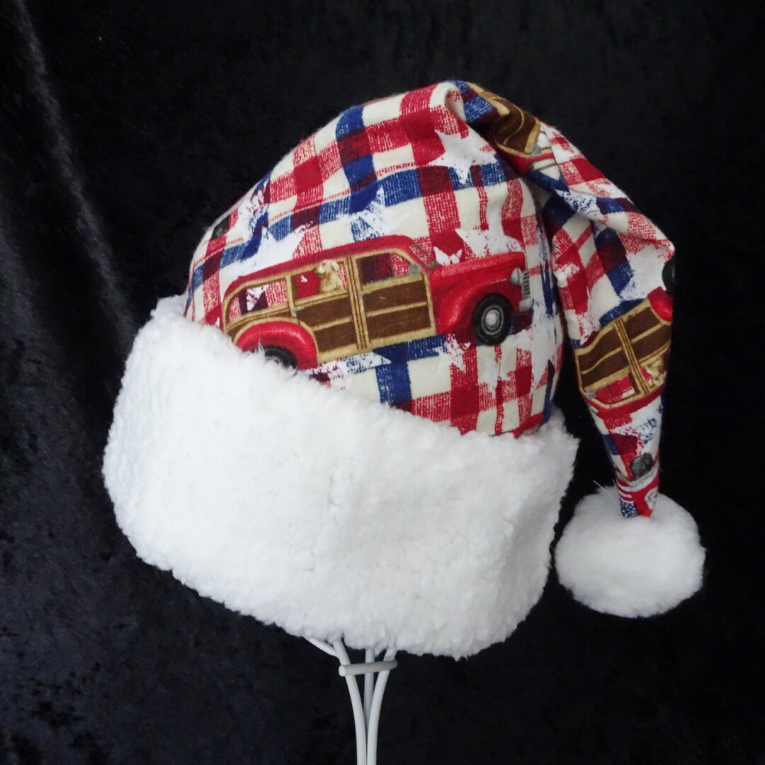 Patriotic Plaid Santa Hat, Woodie Cars, Classic Truck, Party Hat for ...