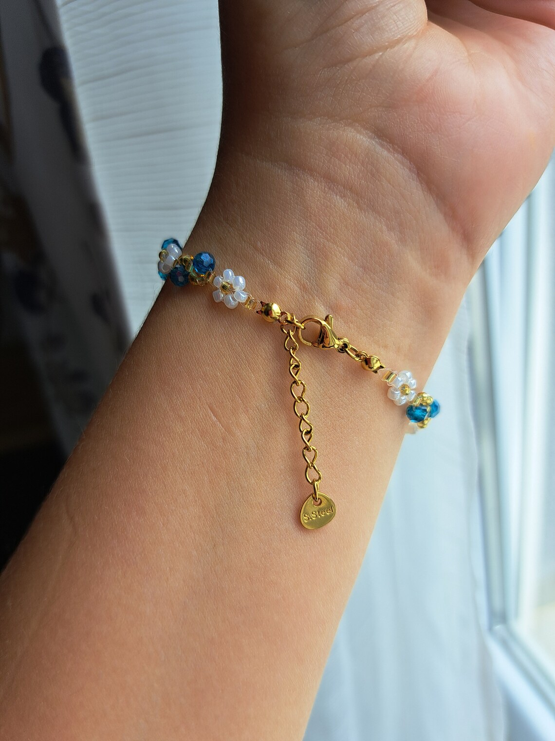 Blue Flower Bracelet Daisy Flower Bracelet Crystal Bracelet Gift for ...