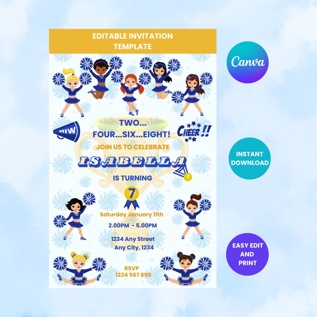 Cheerleader Birthday Invitation Invite Cheer Squad Girls EDITABLE ...